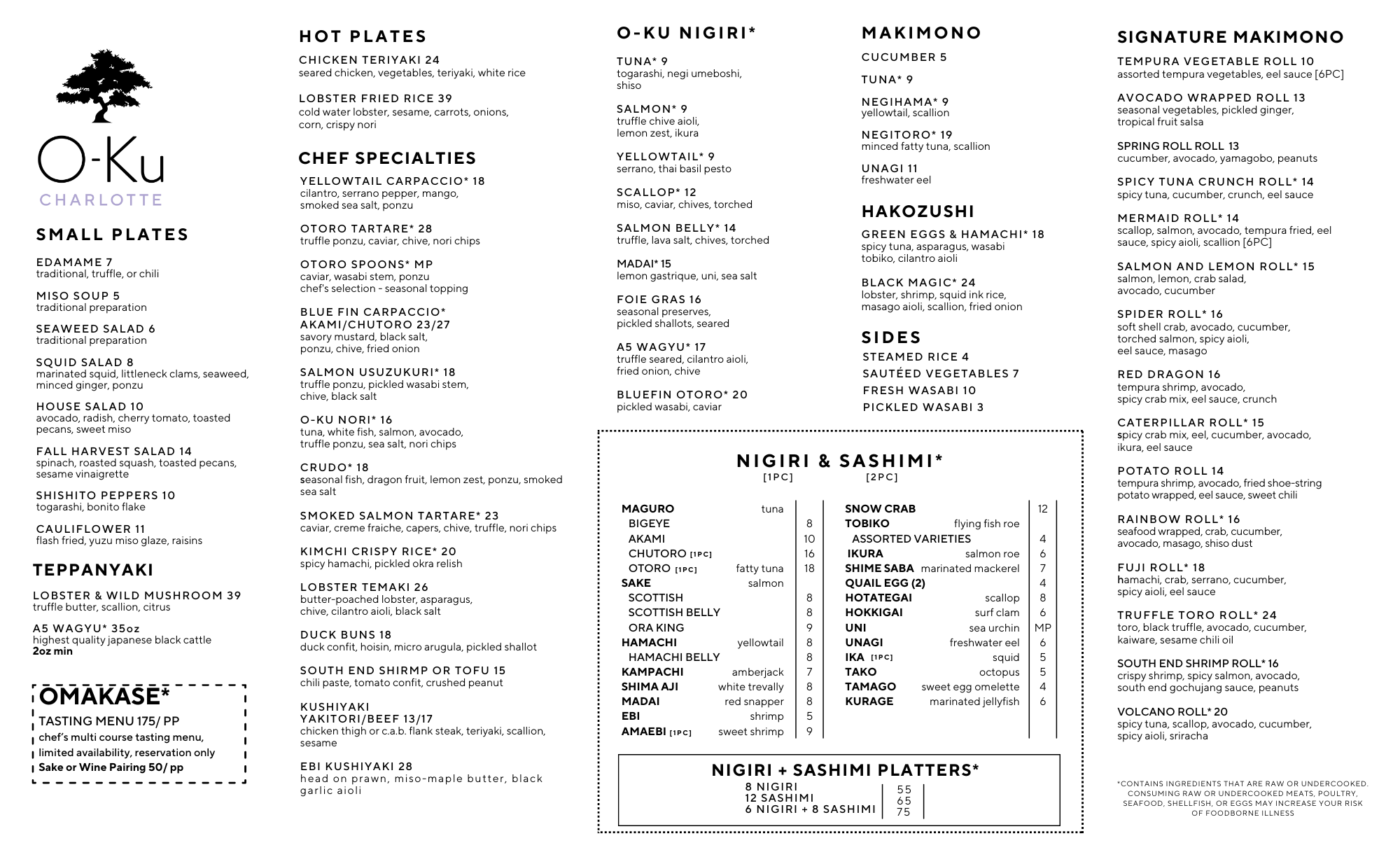 Charlotte Menu | O-Ku Sushi in the USA